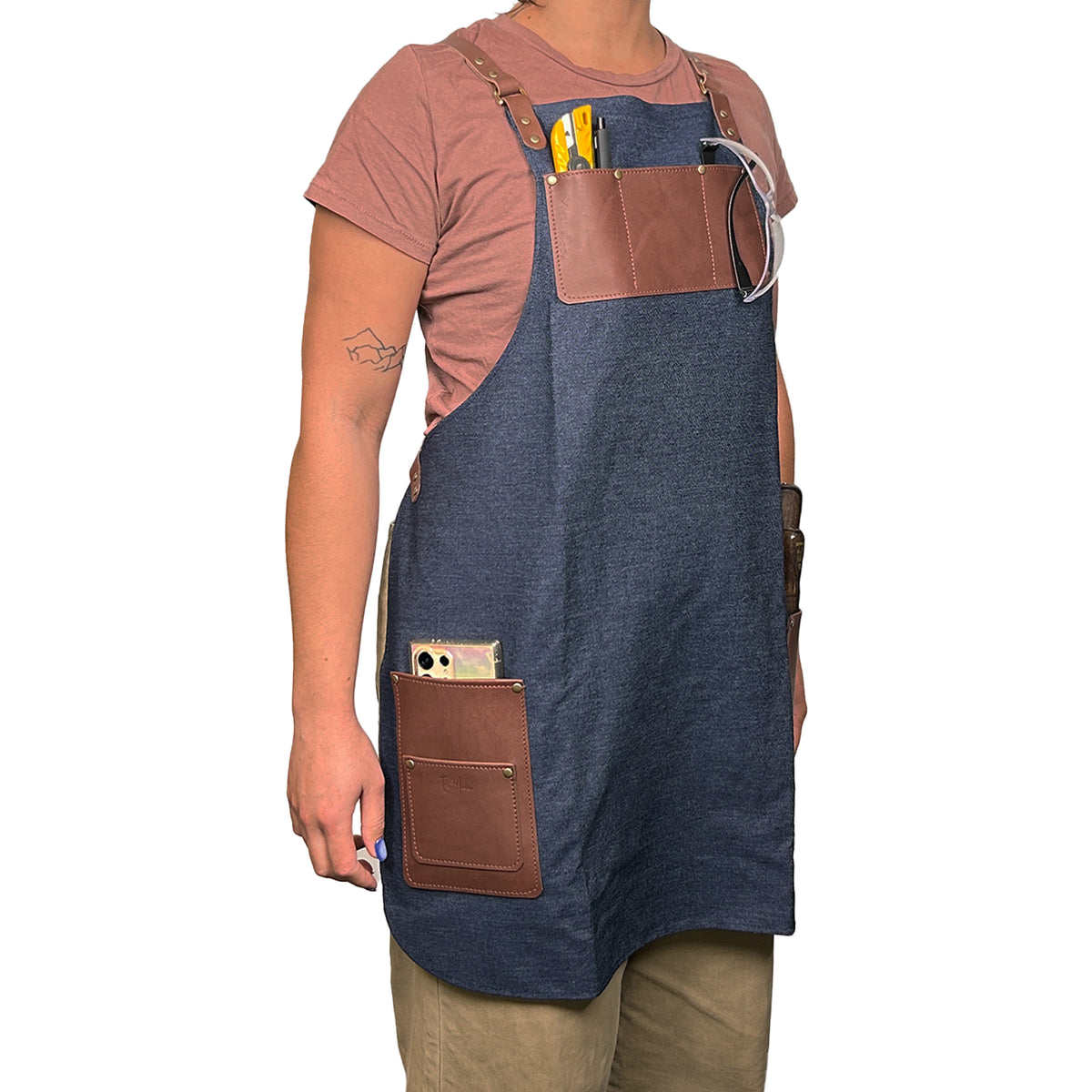 En Mina Carvers Apron 3 Pockets Denim & Tan Leather