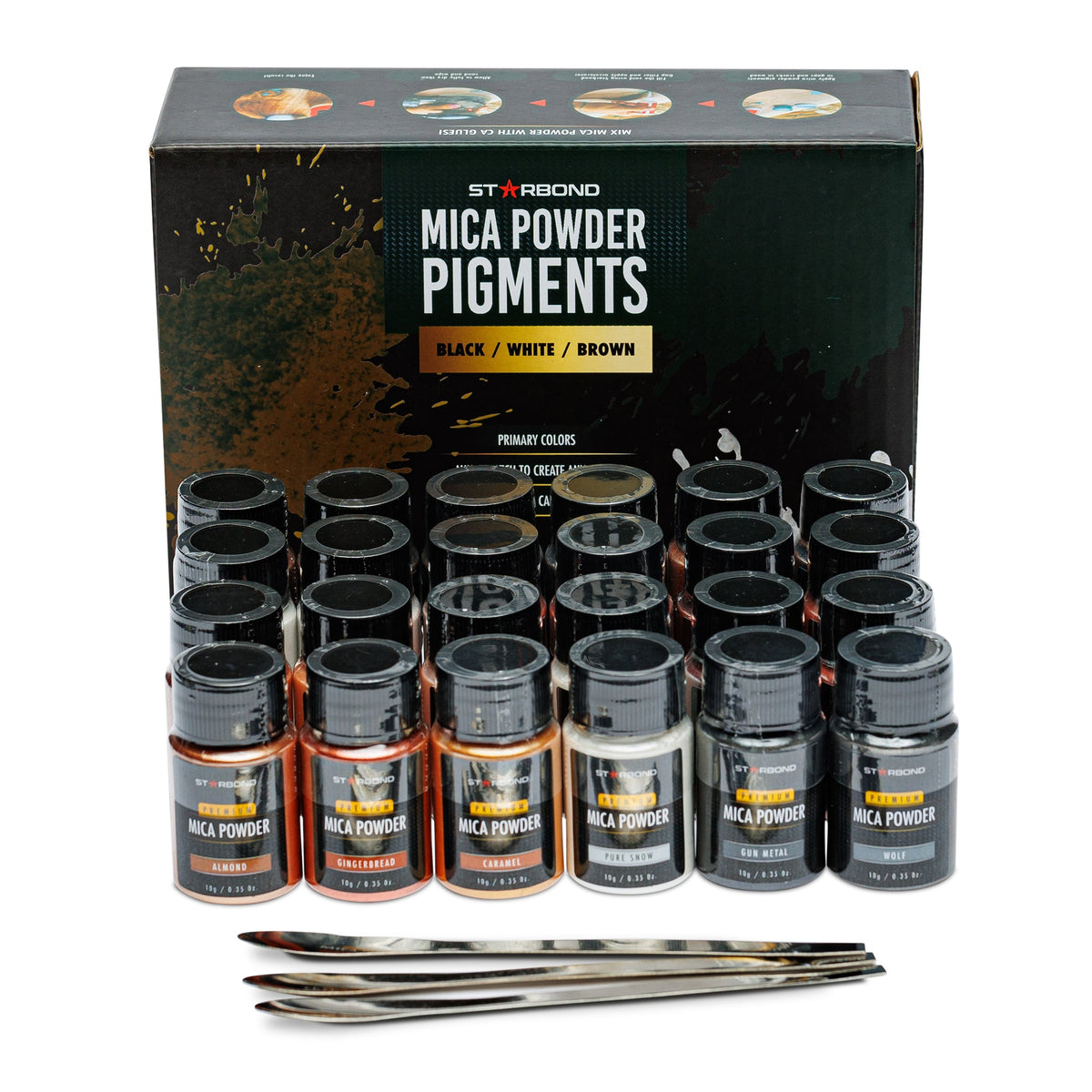 Starbond Black, White Brown Mica Powder Pigment Set 24 Colours 10