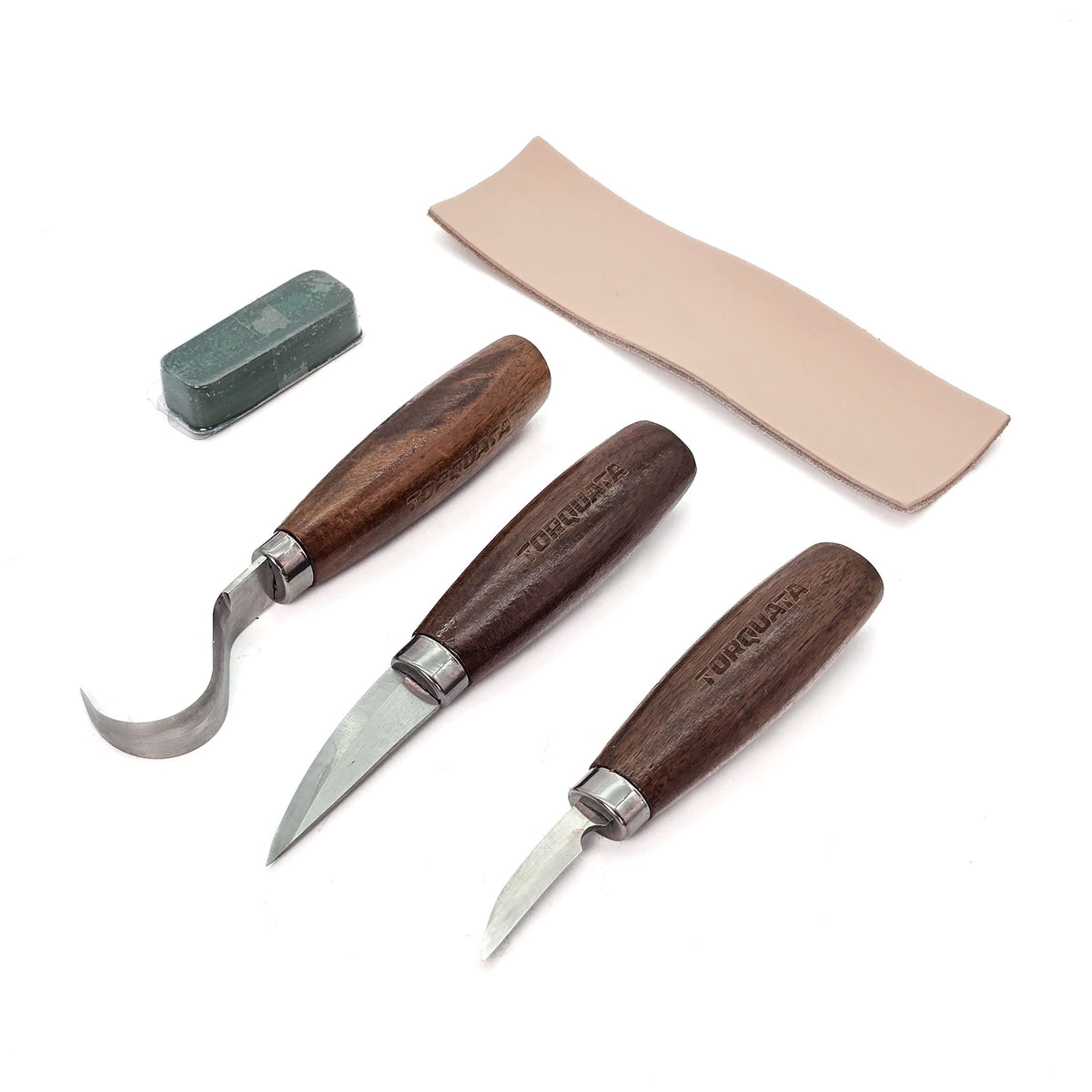 Torquata Set of 3 Carving Knives Leather Strop & Sharpening Compo